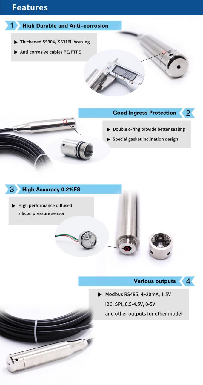 Industrial Grade 4-20mA Water Level Sensor Measurement With RS485 MODBUS